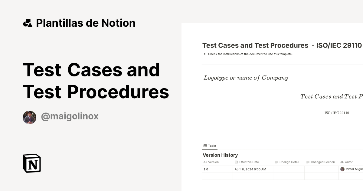 Plantilla Test Cases and Test Procedures de Victor Terrón | Notion ...