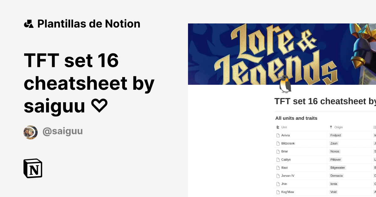 Plantilla TFT set 16 cheatsheet by saiguu ♡ de Saiguu | Notion Marketplace