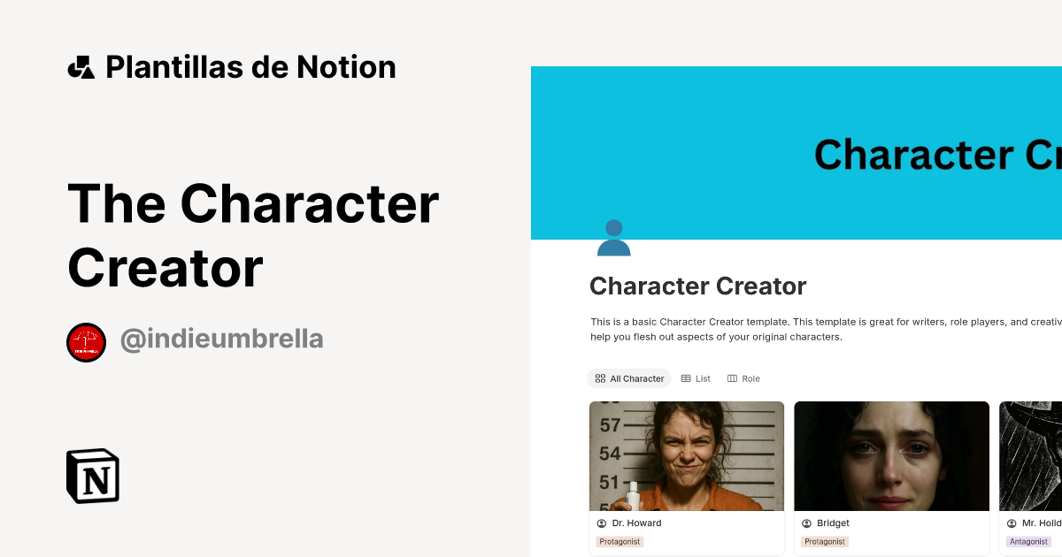 Plantilla The Character Creator de Indie Umbrella | Notion Marketplace