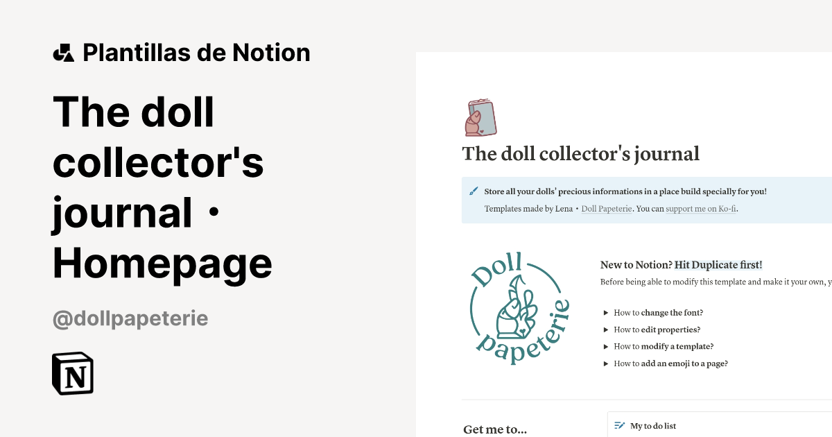 Plantilla The doll collector's journal・Homepage | Notion Marketplace