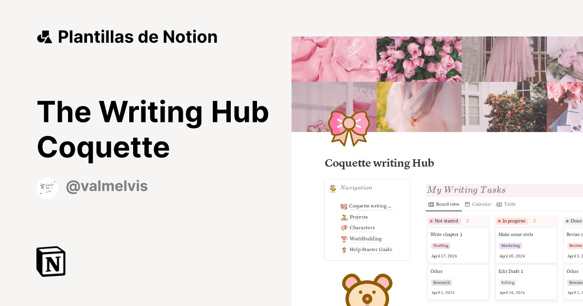 Plantilla The Writing Hub Coquette de Aesthetic Writer's Desk | Notion ...