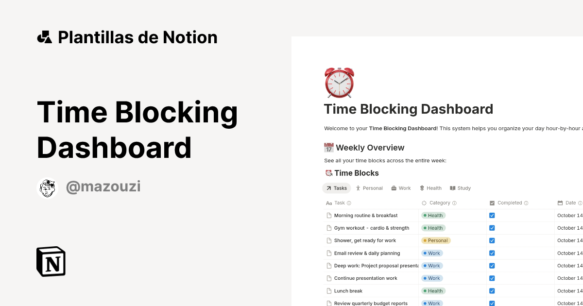 Plantilla Time Blocking Dashboard | Notion Marketplace