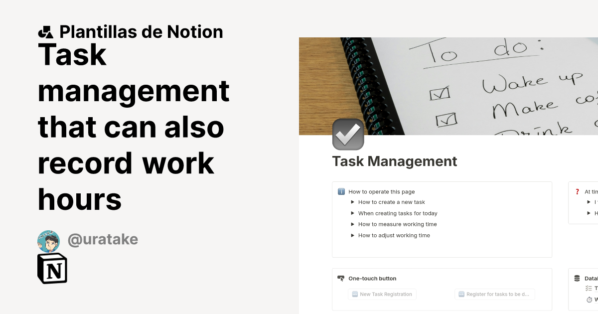Plantilla Task management that can also record work hours de URATAKE | Notion Marketplace