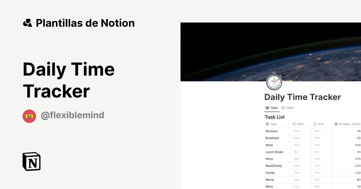 Plantilla Daily Time Tracker de Flexible Mind | Notion Marketplace
