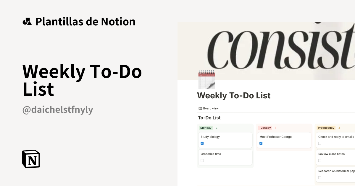 Plantilla Weekly To-Do List de daichelstfnyly | Notion Marketplace