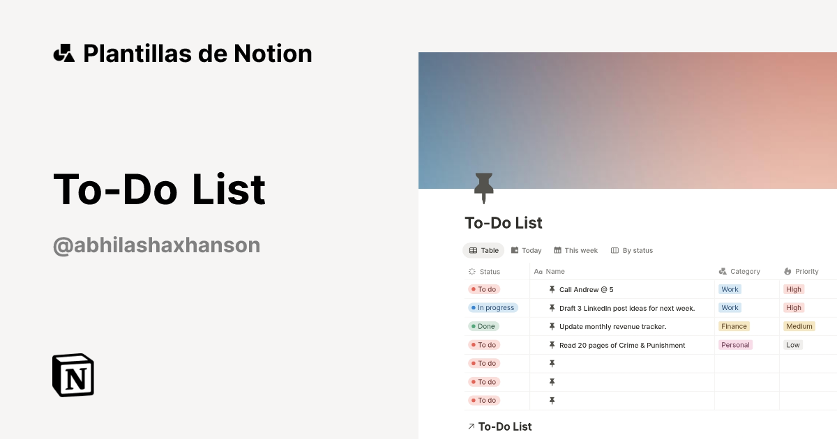Plantilla To-Do List de Abhilasha Hanson | Notion Marketplace