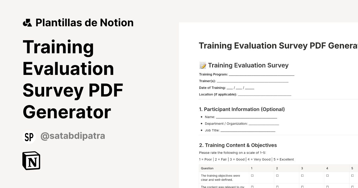 Plantilla Training Evaluation Survey PDF Generator | Notion Marketplace