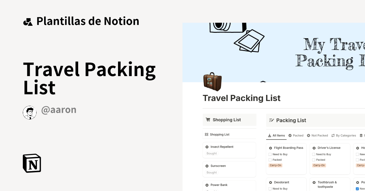 Plantilla Travel Packing List de Aaron | Notion Marketplace