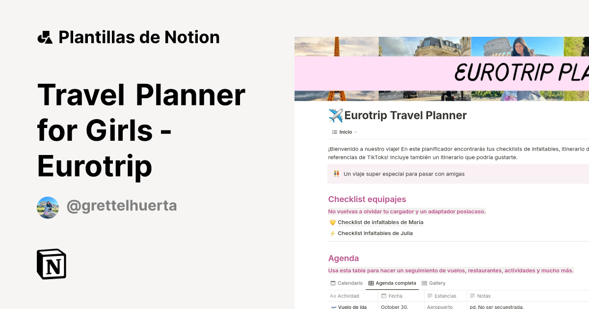 Plantilla Travel Planner for Girls - Eurotrip de Grettel Huerta | Notion Marketplace