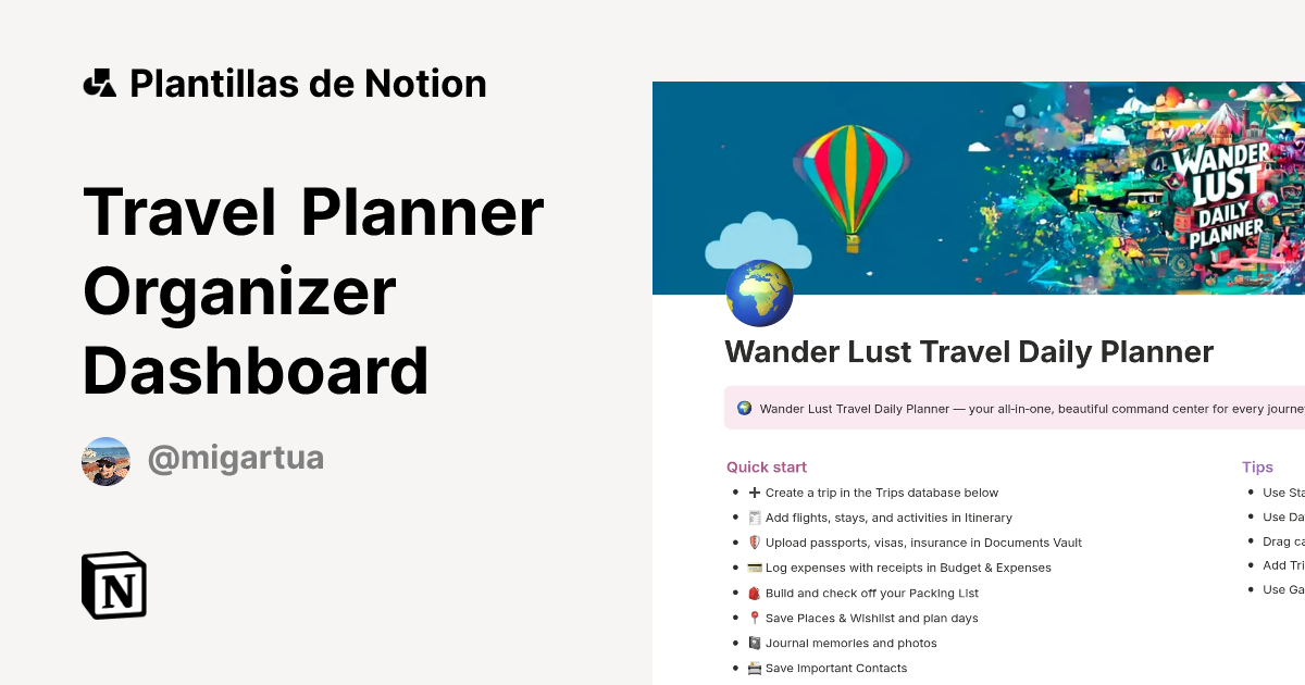 Plantilla Travel Planner Organizer Dashboard | Notion Marketplace