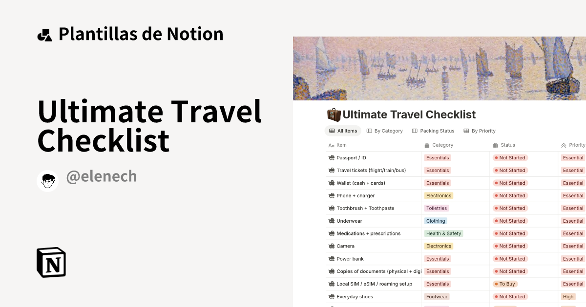Plantilla Ultimate Travel Checklist de Ene | Notion Marketplace