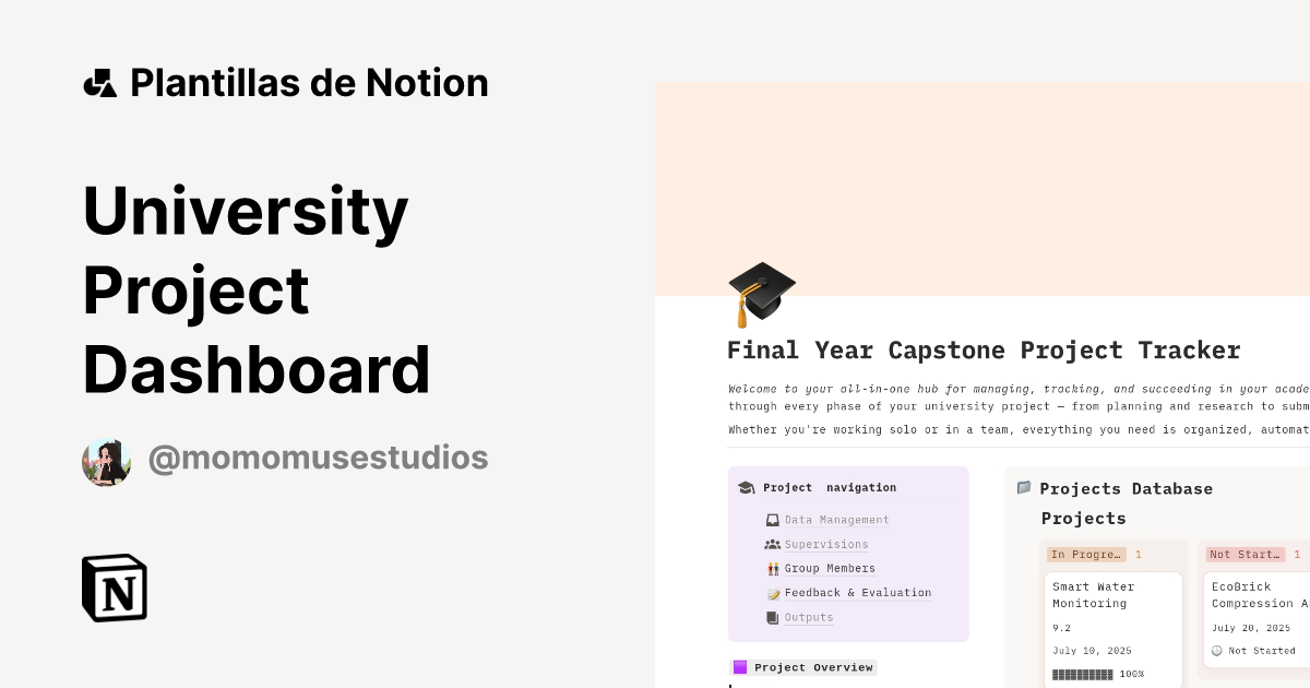 Plantilla University Project Dashboard de momomuse studio | Notion Marketplace