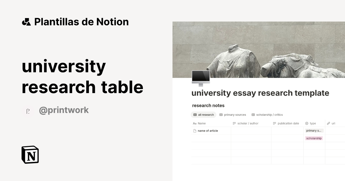Plantilla university research table de Printwork | Notion Marketplace