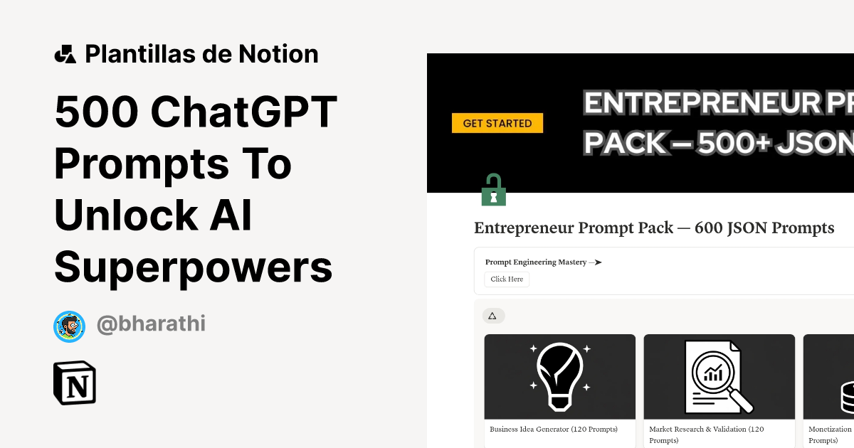 Plantilla 500 ChatGPT Prompts To Unlock AI Superpowers de Bharathi | Notion Marketplace