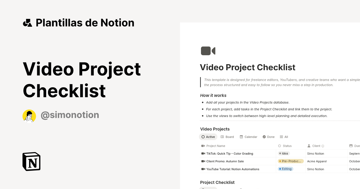 Plantilla Video Project Checklist de Simo | Notion Marketplace
