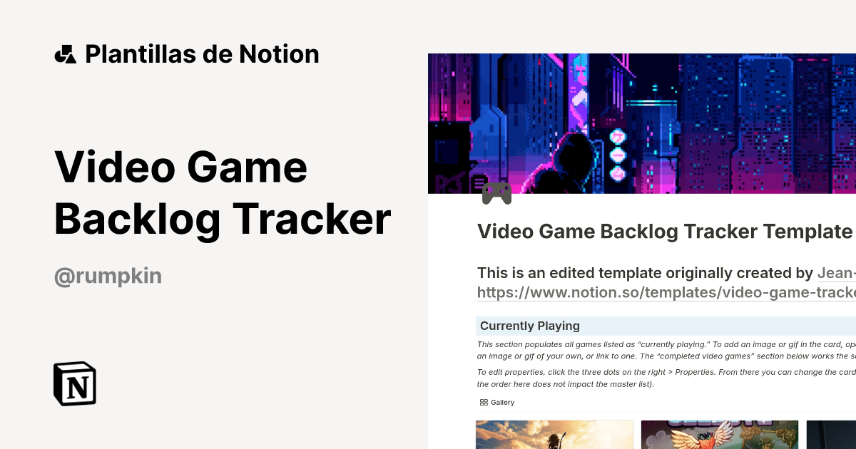 Plantilla Video Game Backlog Tracker de Rumpkin | Notion Marketplace