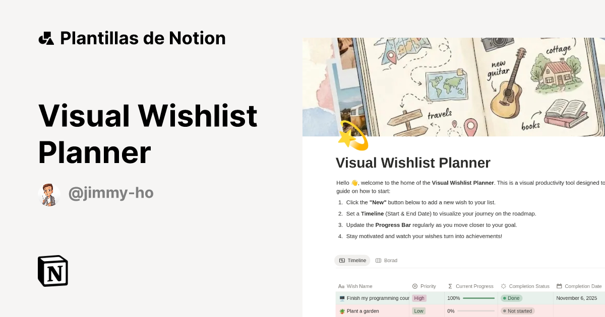 Plantilla Visual Wishlist Planner de Jimmy Ho | Notion Marketplace