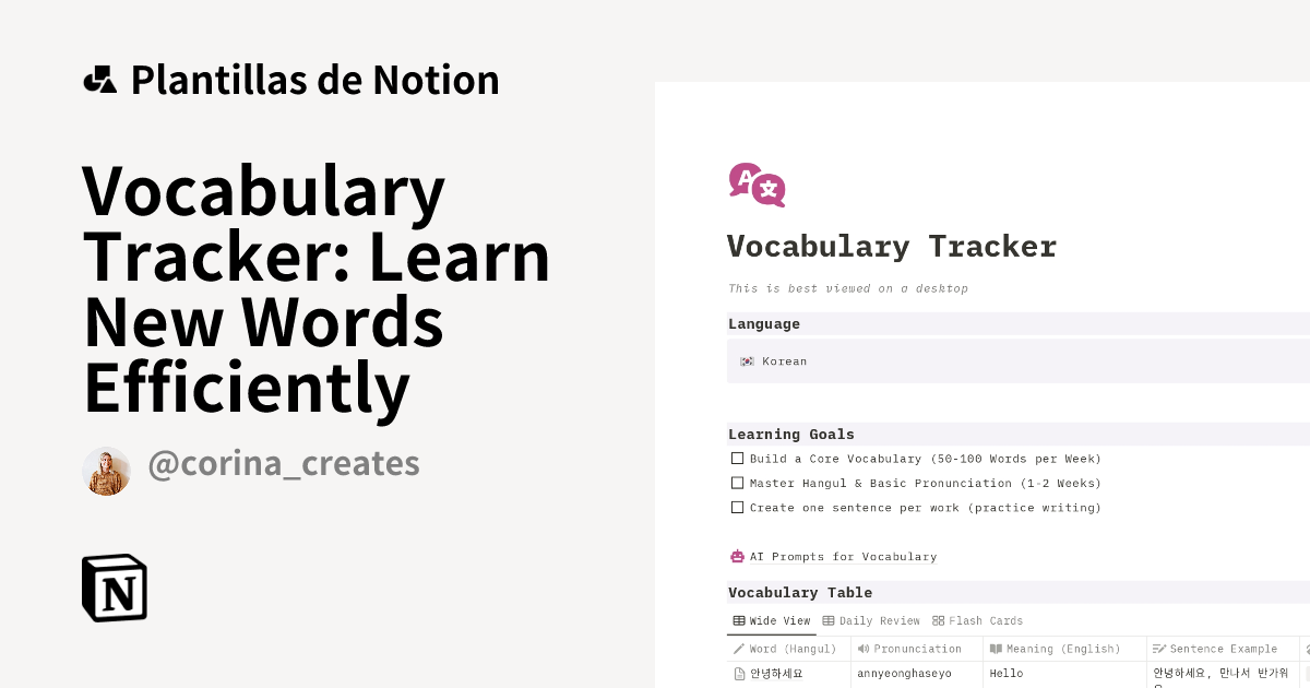 Plantilla Vocabulary Tracker: Learn New Words Efficiently de Corina ...