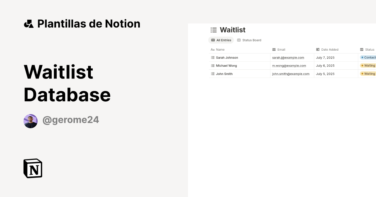 Plantilla Waitlist Database de Gerome Elassaad | Notion Marketplace