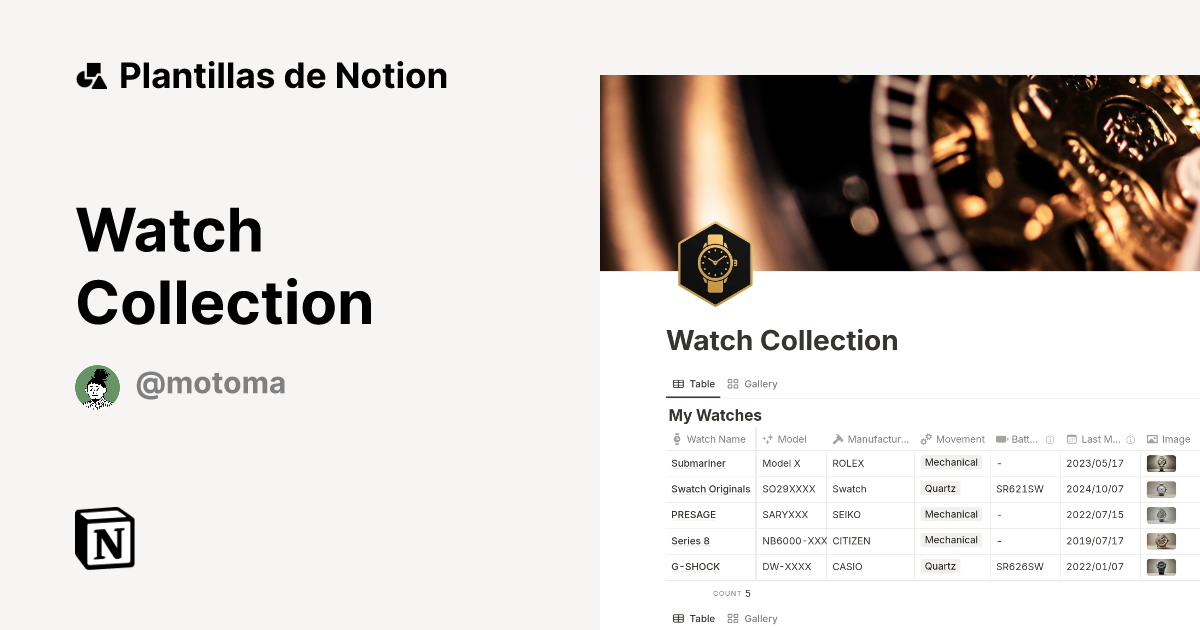 Plantilla Watch Collection de MOTOMA | Notion Marketplace