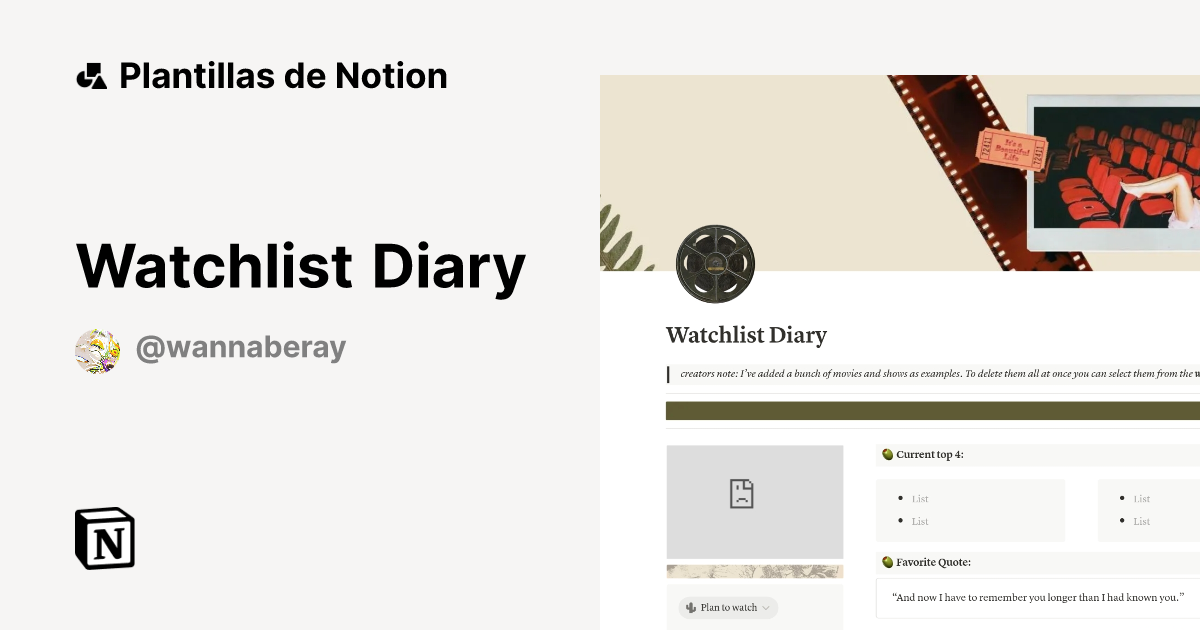 Plantilla Watchlist Diary de wray | Notion Marketplace