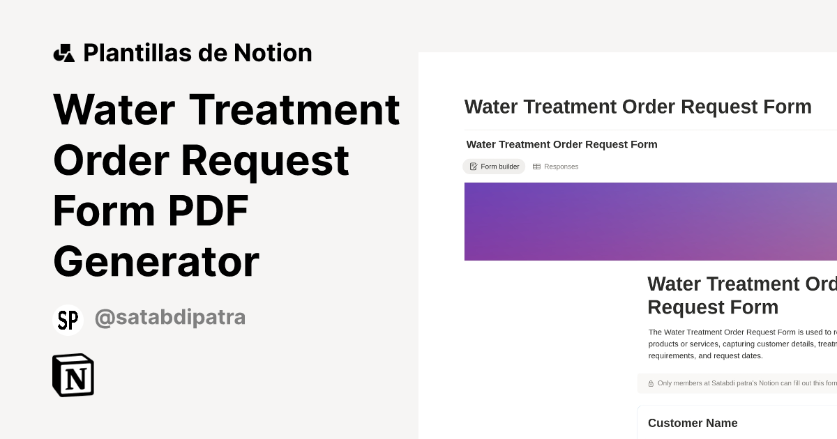 Plantilla Water Treatment Order Request Form PDF Generator | Notion ...