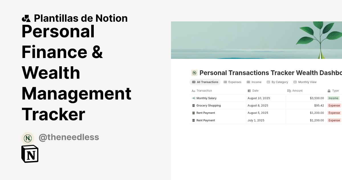 Plantilla Personal Finance & Wealth Management Tracker de The Needless | Notion Marketplace