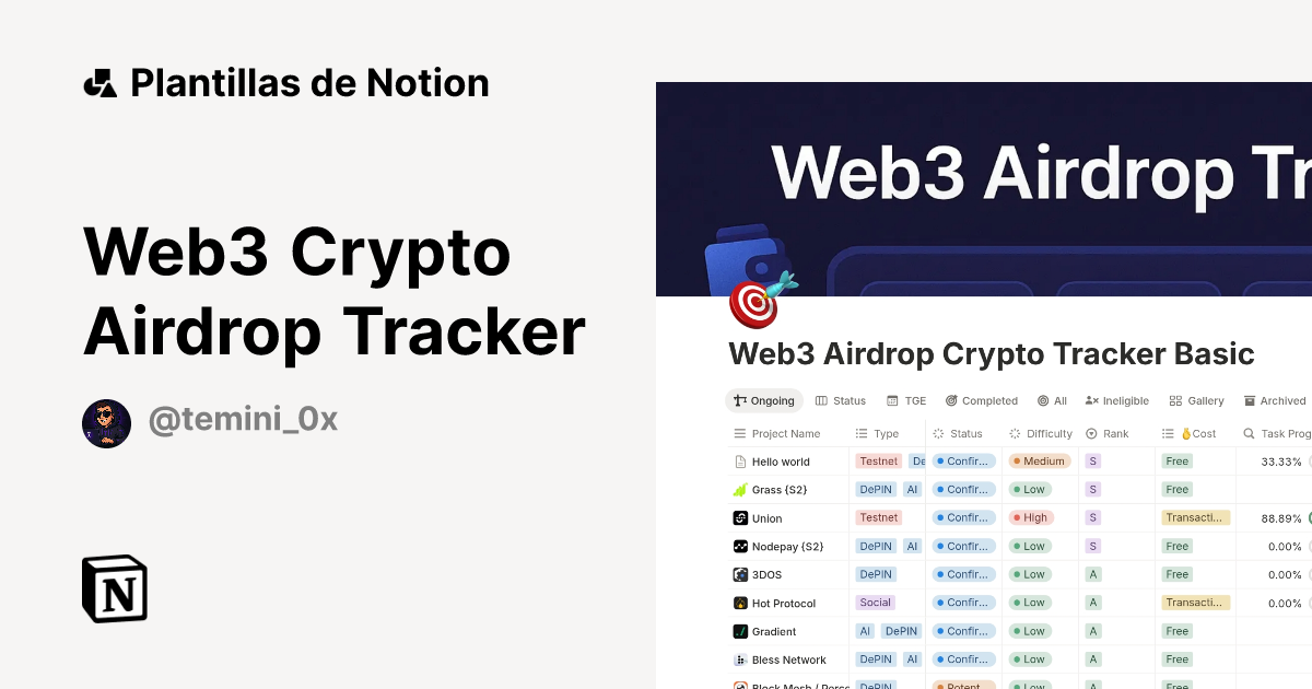 Plantilla Web3 Airdrop Crypto Tracker de Temini_0x | Notion Marketplace