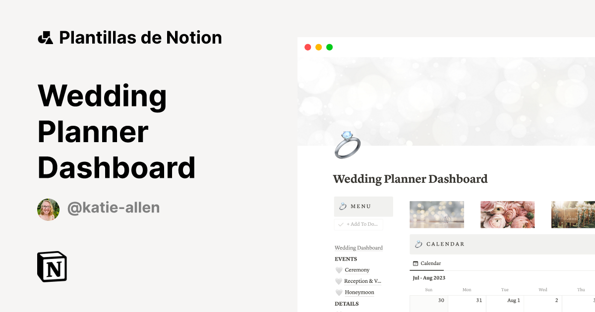 Plantilla Wedding Planner Dashboard de Katie Allen | Notion Marketplace