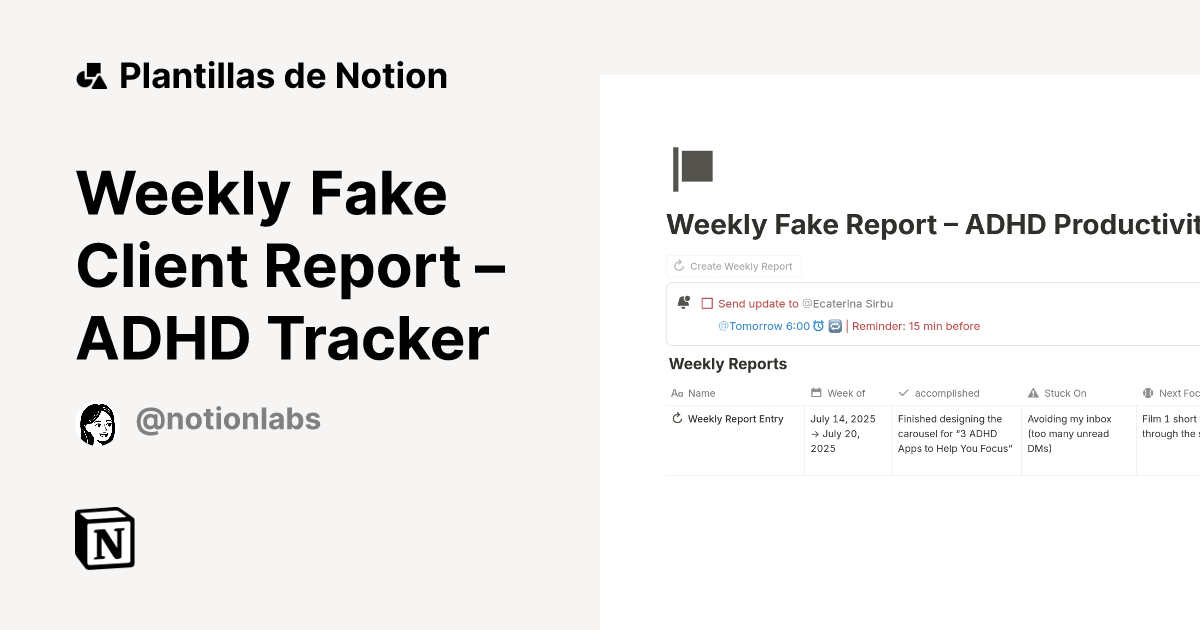 Plantilla Weekly Fake Client Report – ADHD Tracker de Smart Notion | Notion Marketplace