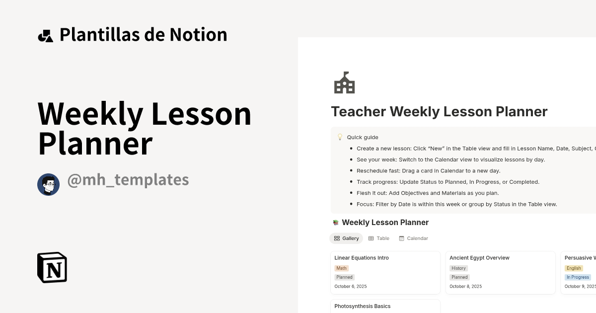 Plantilla Weekly Lesson Planner | Notion Marketplace