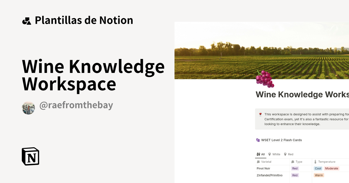 Plantilla Wine Knowledge Workspace de Rachel | Notion Marketplace
