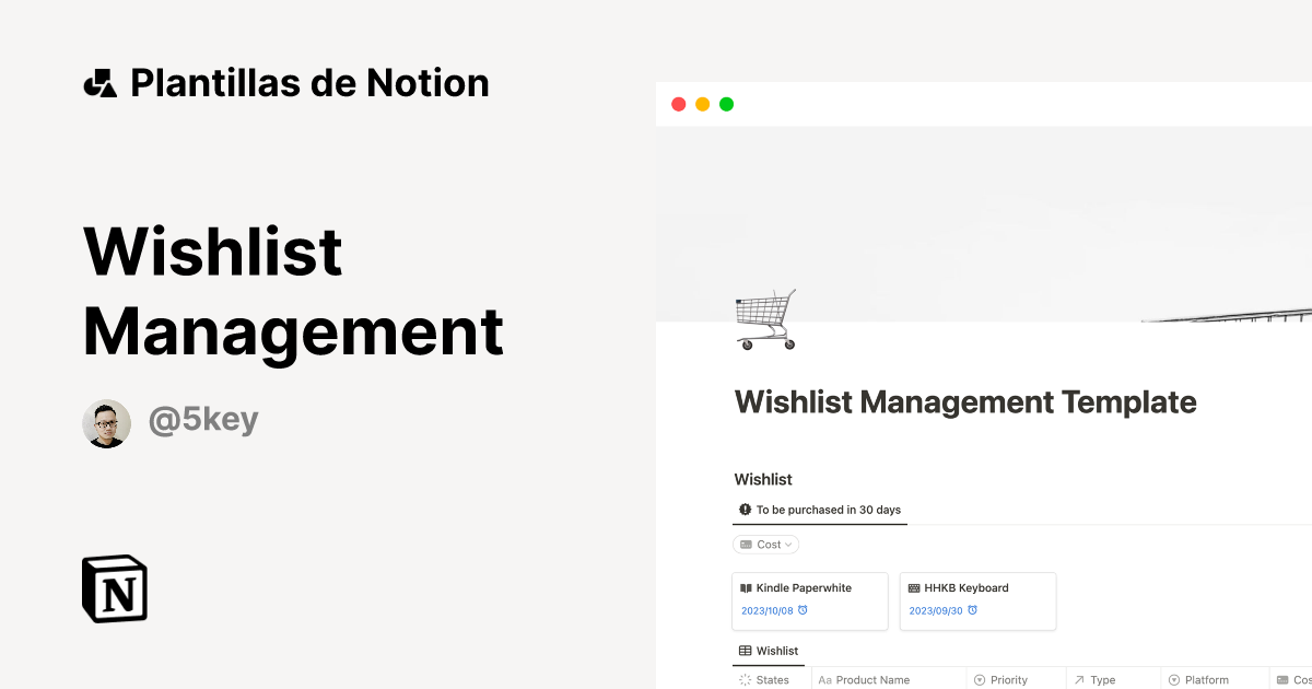 Plantilla Wishlist Management de 5key | Notion Marketplace