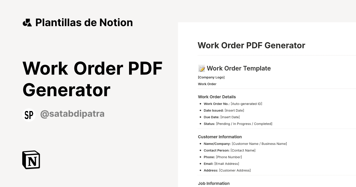 Plantilla Work Order PDF Generator de Satabdi Patra | Notion Marketplace