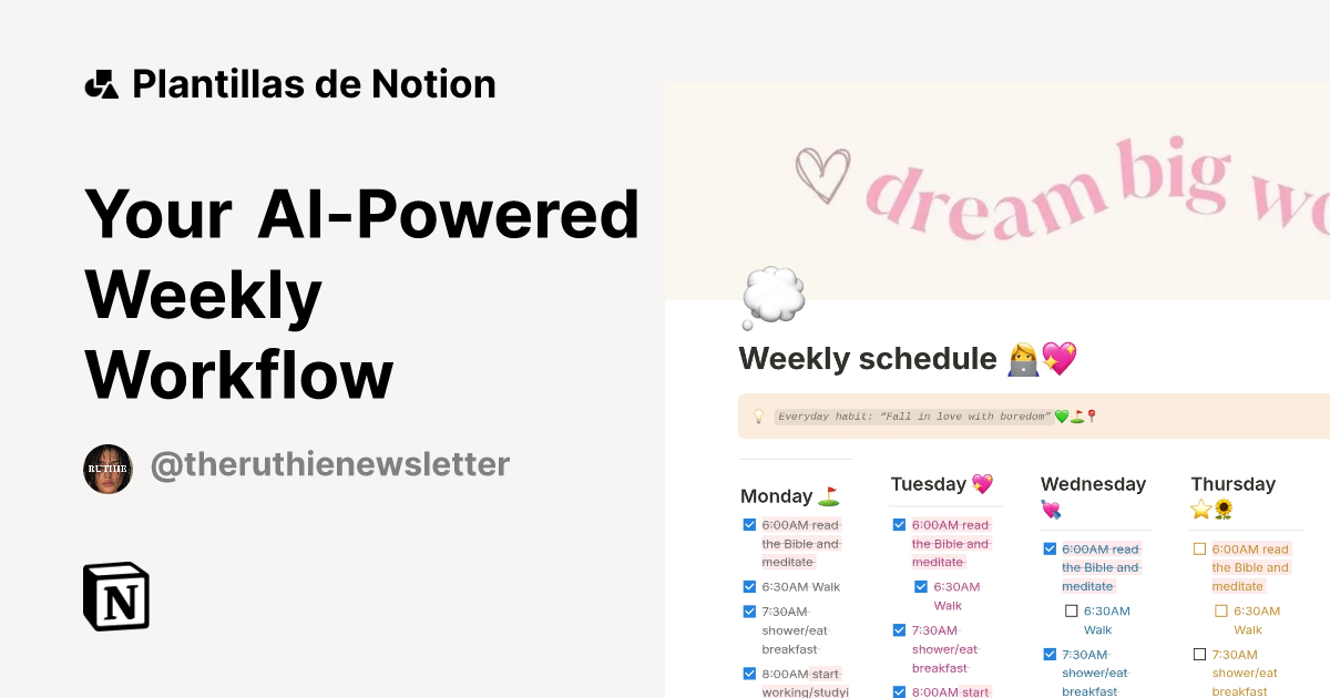 Plantilla Your AI-Powered Weekly Workflow de RUTHIE | Notion Marketplace