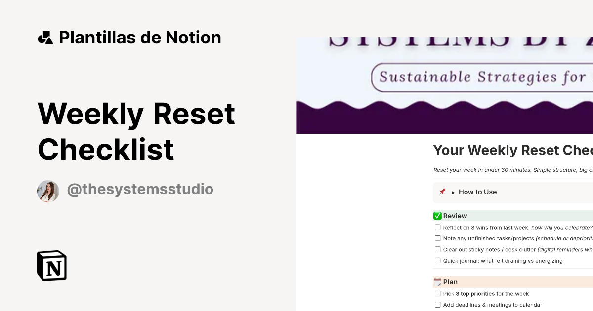 Plantilla Weekly Reset Checklist | Notion Marketplace