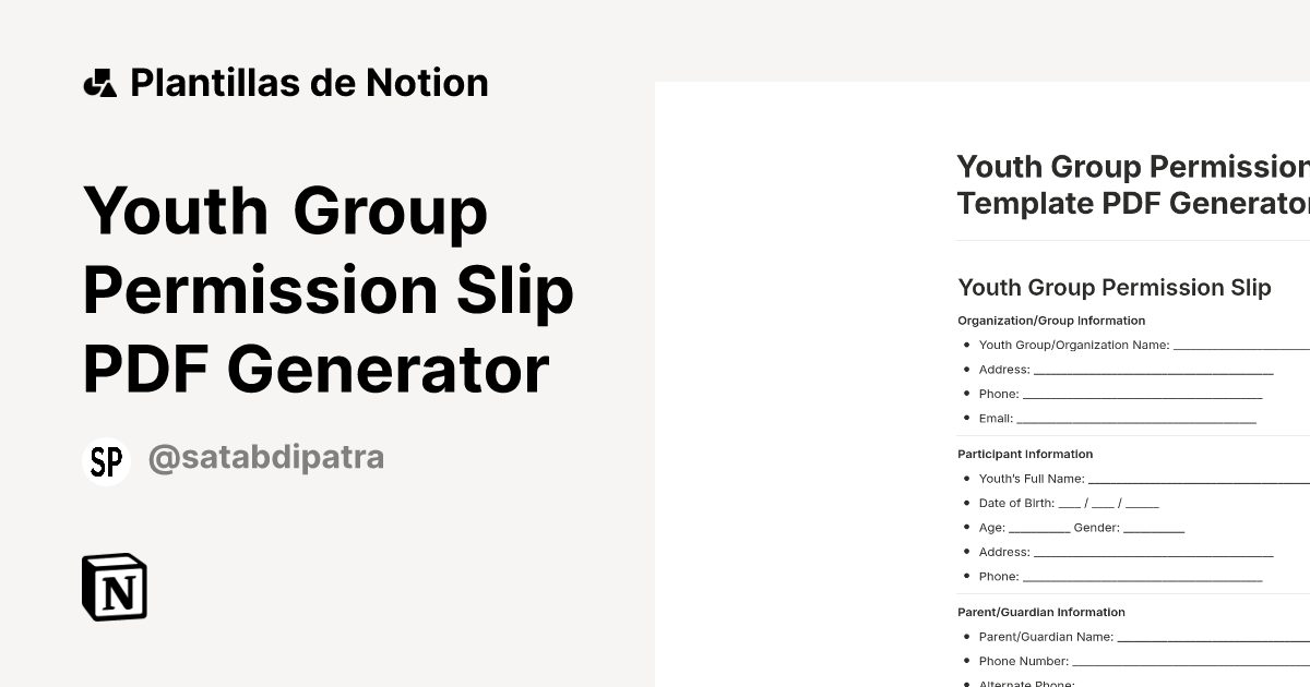 Plantilla Youth Group Permission Slip PDF Generator | Notion Marketplace