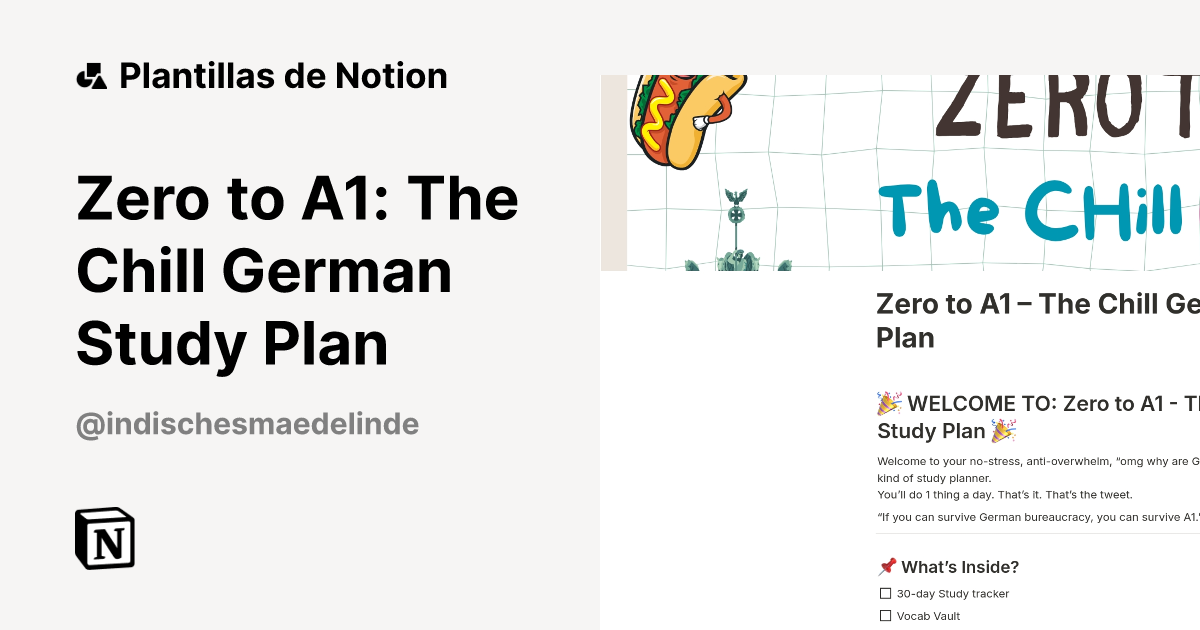 Plantilla Zero to A1: The Chill German Study Plan de Divya Agrawal-Bhatt | Notion Marketplace