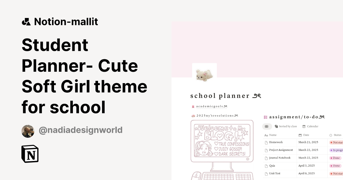 Student Planner- Cute Soft Girl theme for school-mallin laati ...