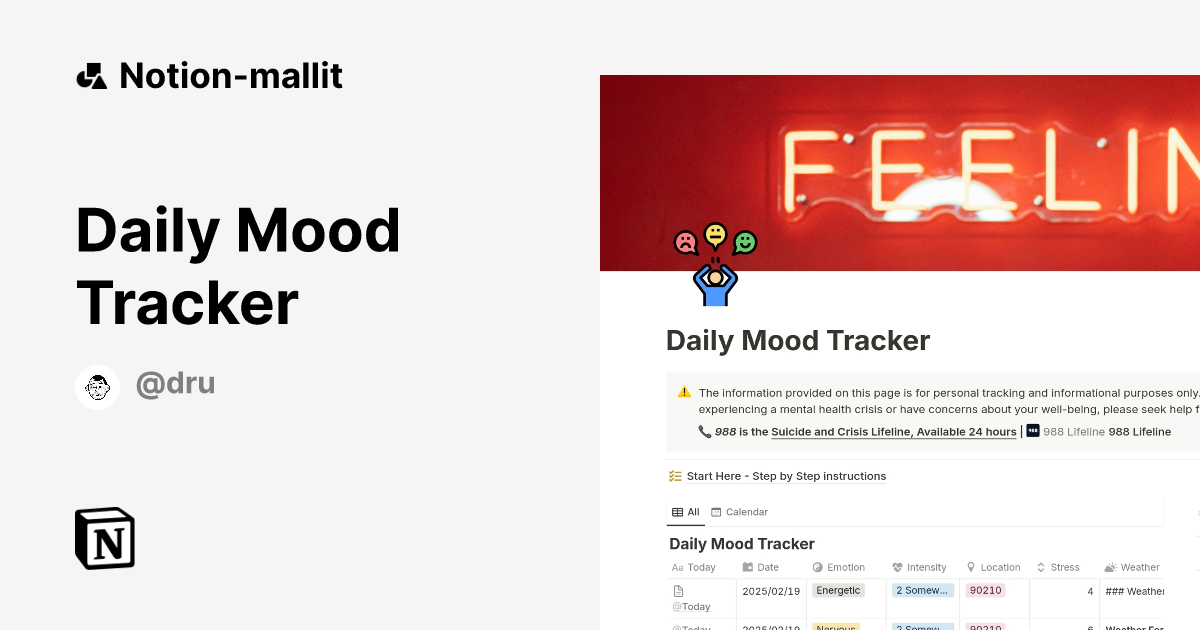 Daily Mood Tracker-mallin laati Dru | Notion Marketplace
