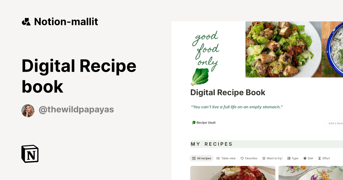Digital Recipe book-mallin laati Jasmin | Notion Marketplace