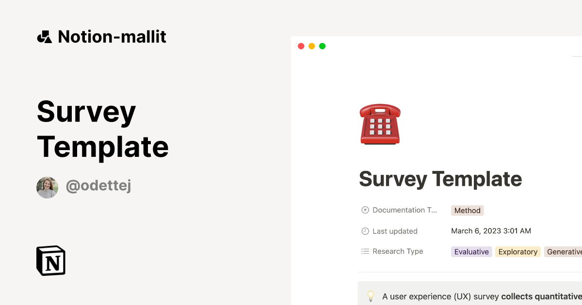 Survey Template-mallin laati Odette Jansen | Notion Marketplace