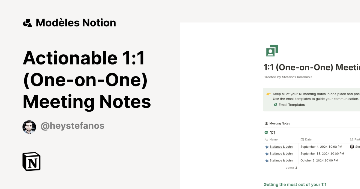 Modèle Actionable 1:1 (One-on-One) Meeting Notes | Marketplace Notion