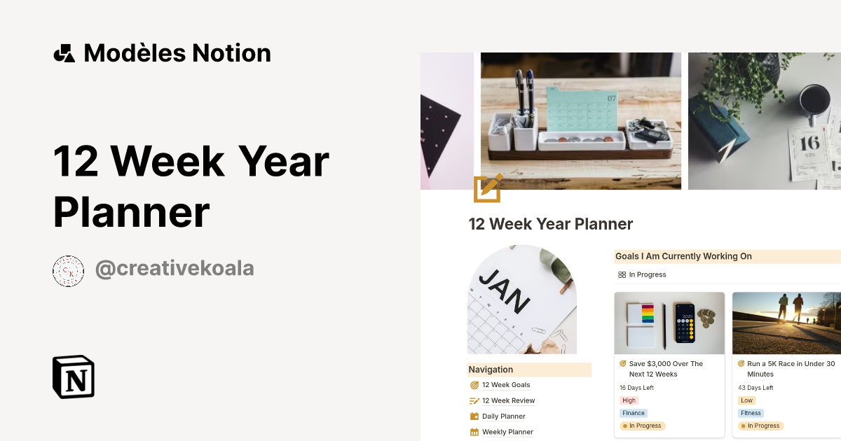 12 Week Year Planner | Modèle créé par Creative Koala | Marketplace Notion