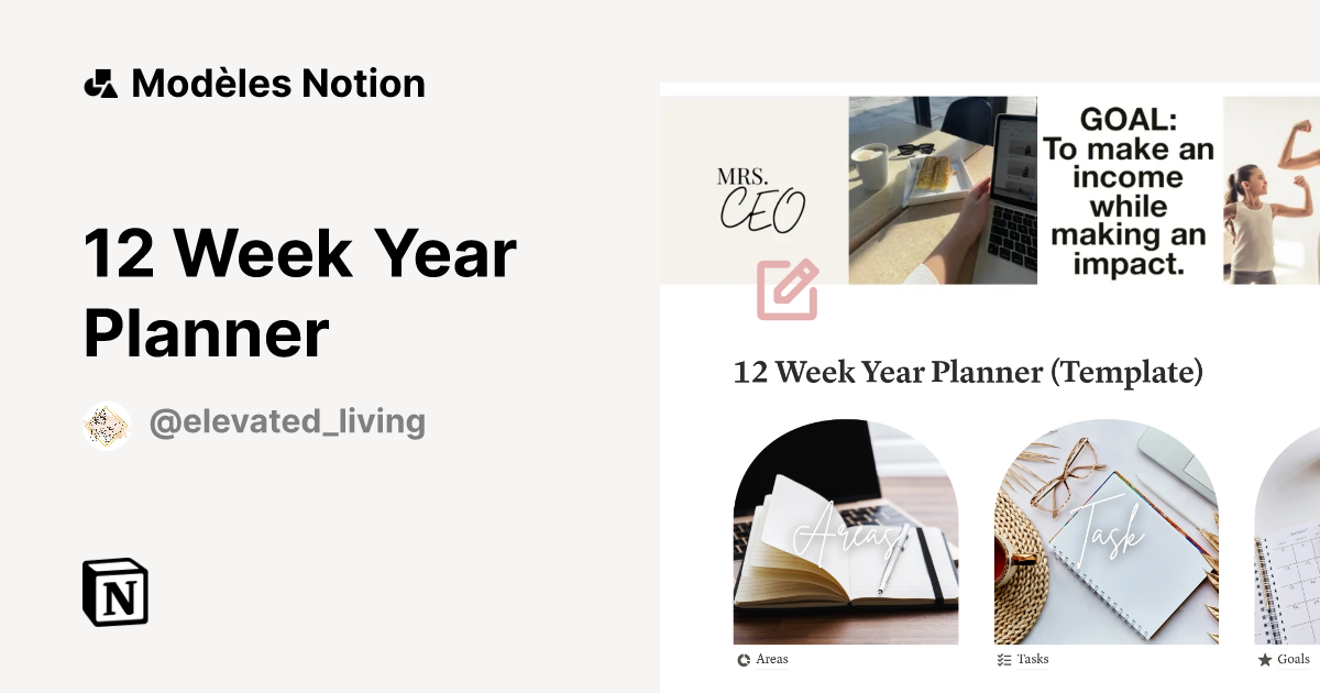 12 Week Year Planner | Modèle créé par Elevated Living | Marketplace Notion
