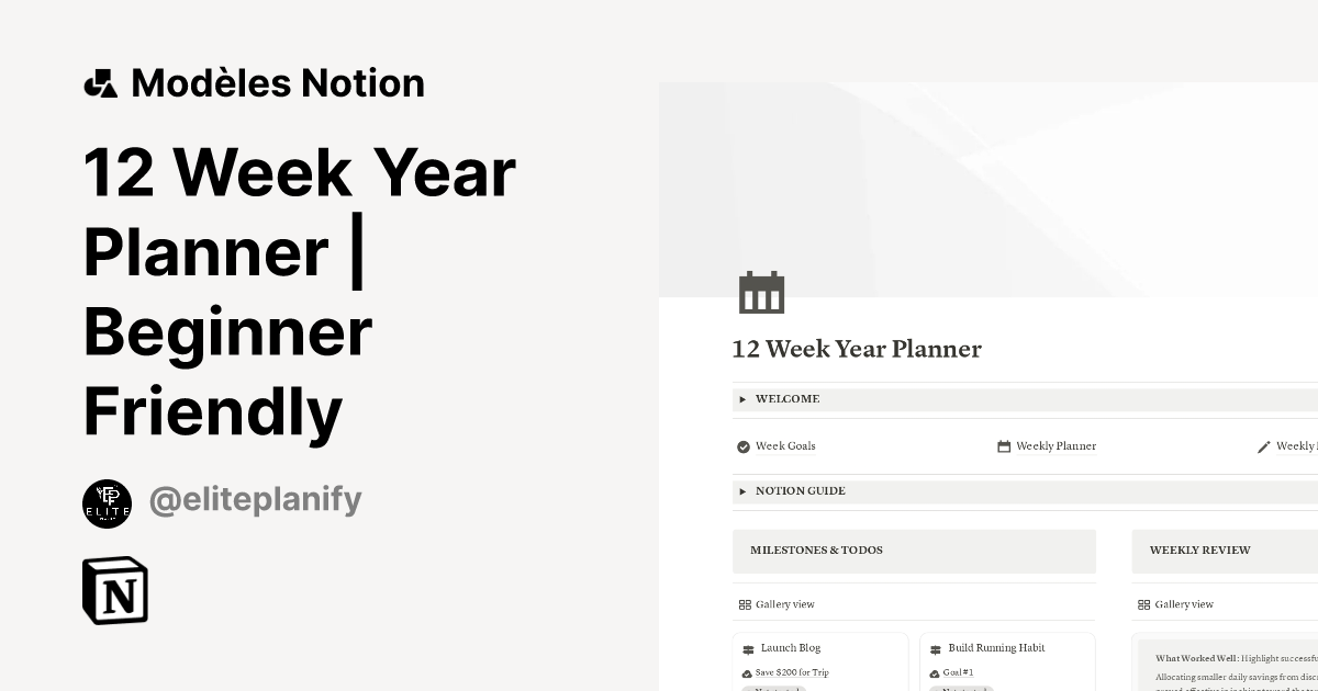 Modèle 12 Week Year Planner | Beginner Friendly | Marketplace Notion