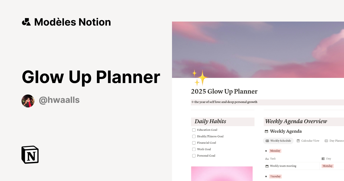 Modèle Glow Up Planner | Marketplace Notion