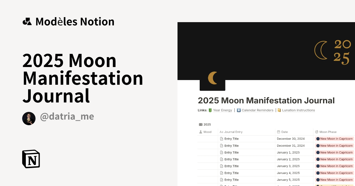 Modèle 2025 Moon Manifestation Journal | Marketplace Notion