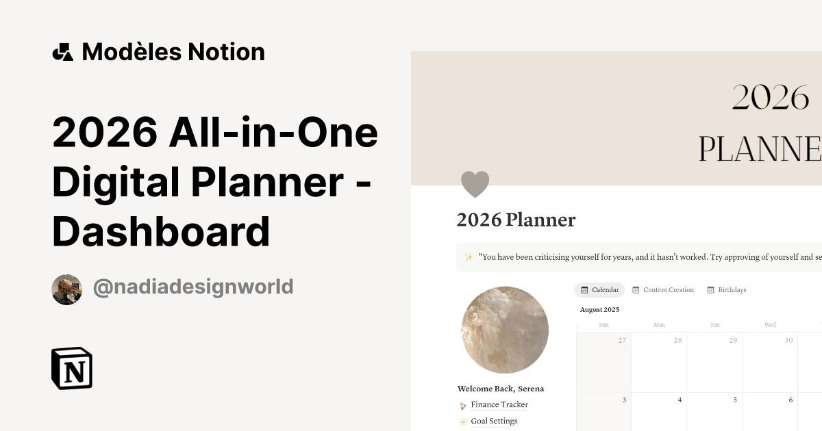 Modèle 2026 All-in-One Digital Planner - Dashboard | Marketplace Notion
