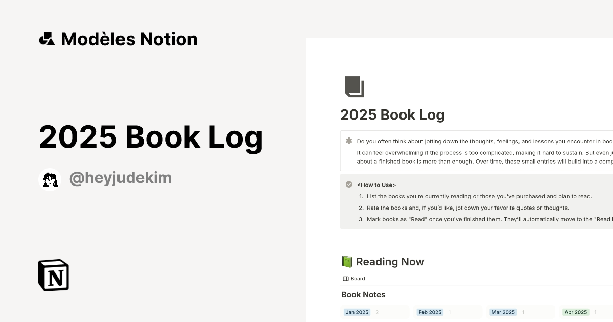 2025 Book Log | Modèle créé par heyjudekim | Marketplace Notion
